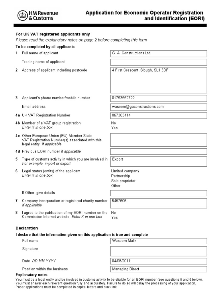 EORI App Form | Value Added Tax | Customs