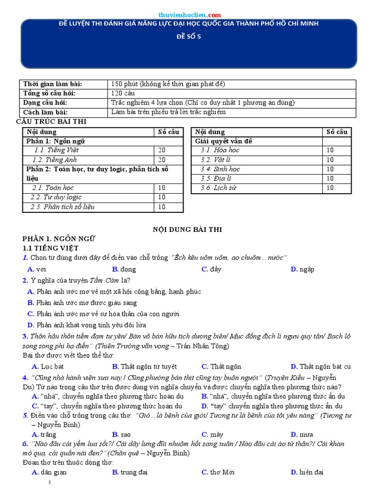 De Thi Danh Gia Nang Luc DHQG TPHCM 2022 de 5 | PDF