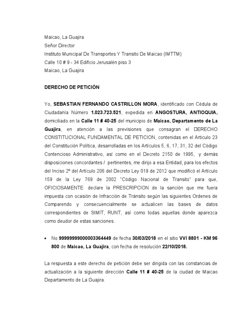 Modelo Prescripción Multas de Tránsito | PDF