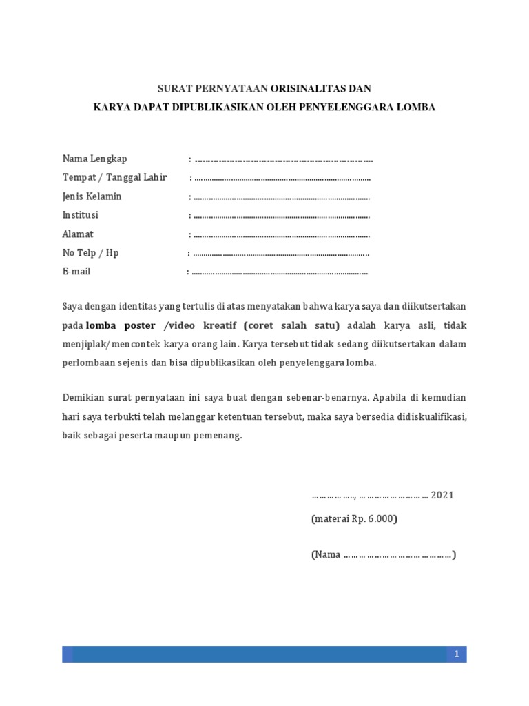 Surat Pernyataan Orisinalitas Karya | PDF