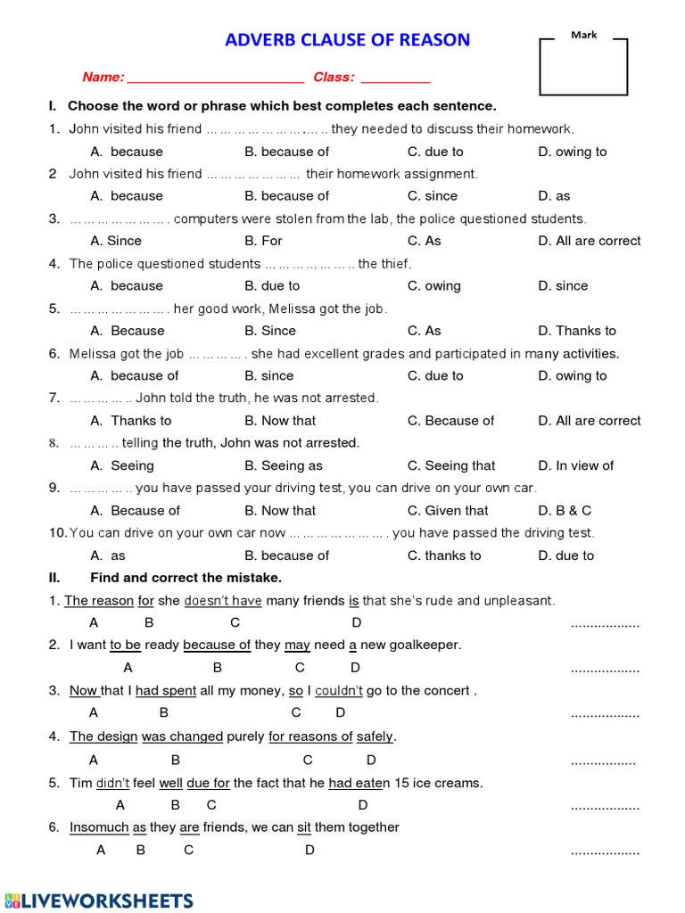 Adverb Clause of Reason Worksheet | PDF | Teachers | Adverb
