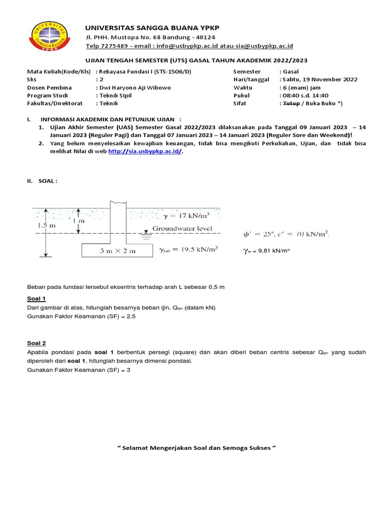 Soal Uts Gasal 2022-2023 Rekayasa Fundasi I Kelas D | PDF Soal Uts Gasal 2022-2023 Rekayasa Fundasi I Kelas D | PDF