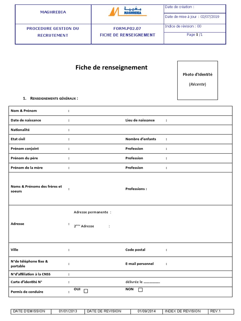 FORM P02-07 Fiche de Renseignement | PDF | Business