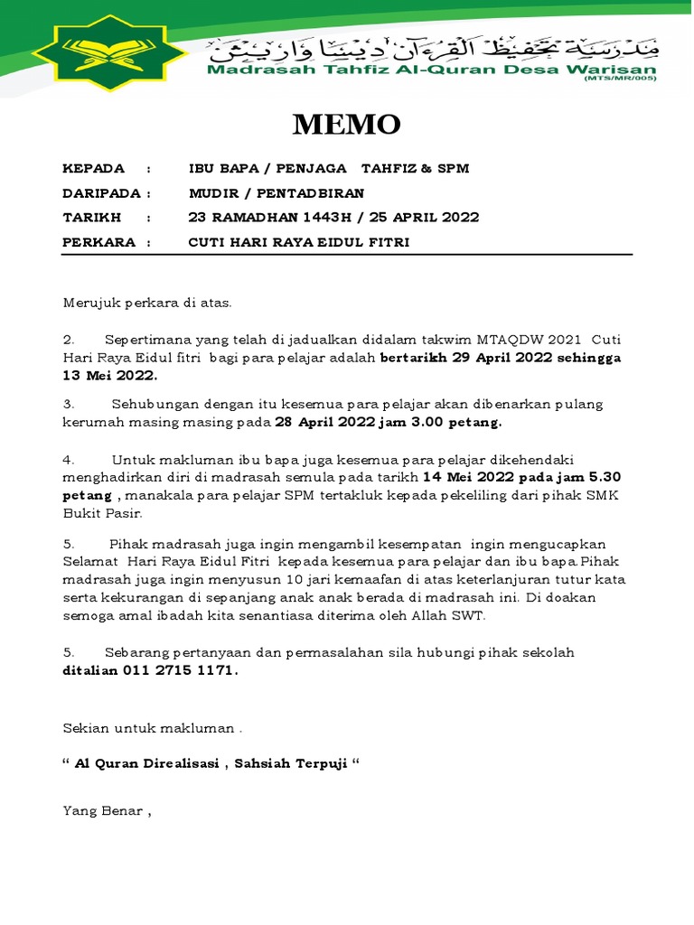 Memo Cuti Hari Raya Puasa 2022 | PDF