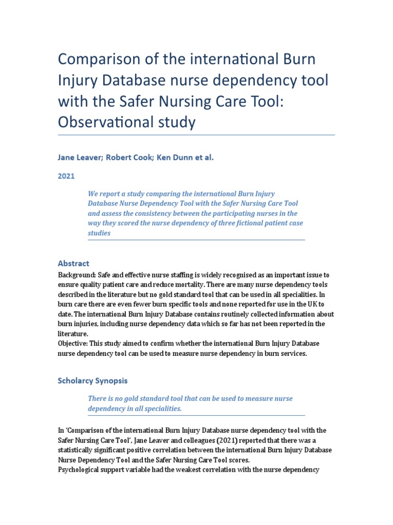 Comparison of The International Burn Injury Database Nurse Dependency Tool With The Safer ...