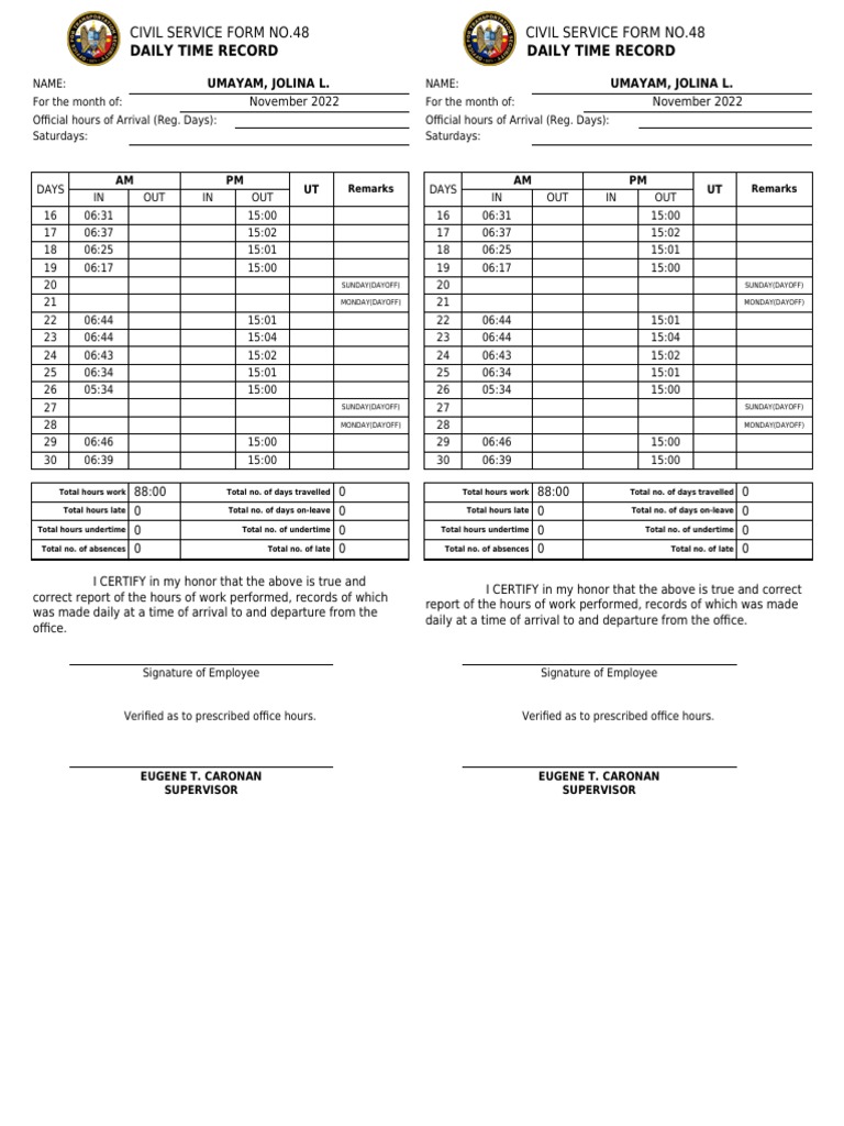 Daily Time Record Daily Time Record: Civil Service Form No.48 Civil Service Form No.48 | PDF