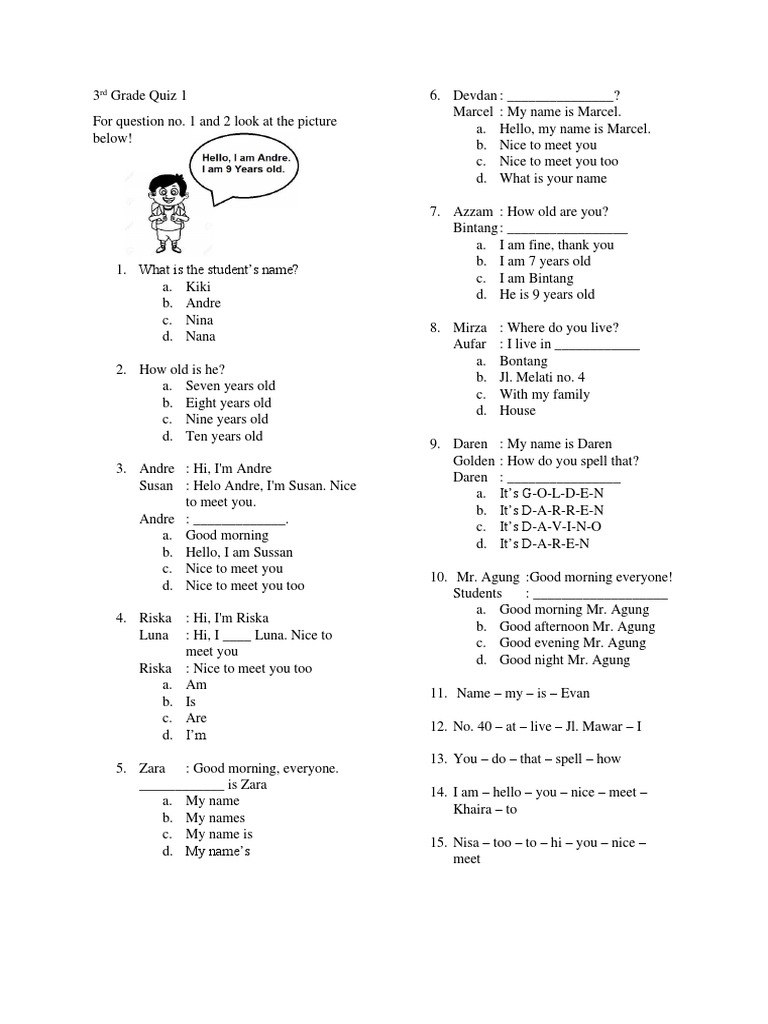3rd Grade English Quiz Questions | PDF | Home & Garden
