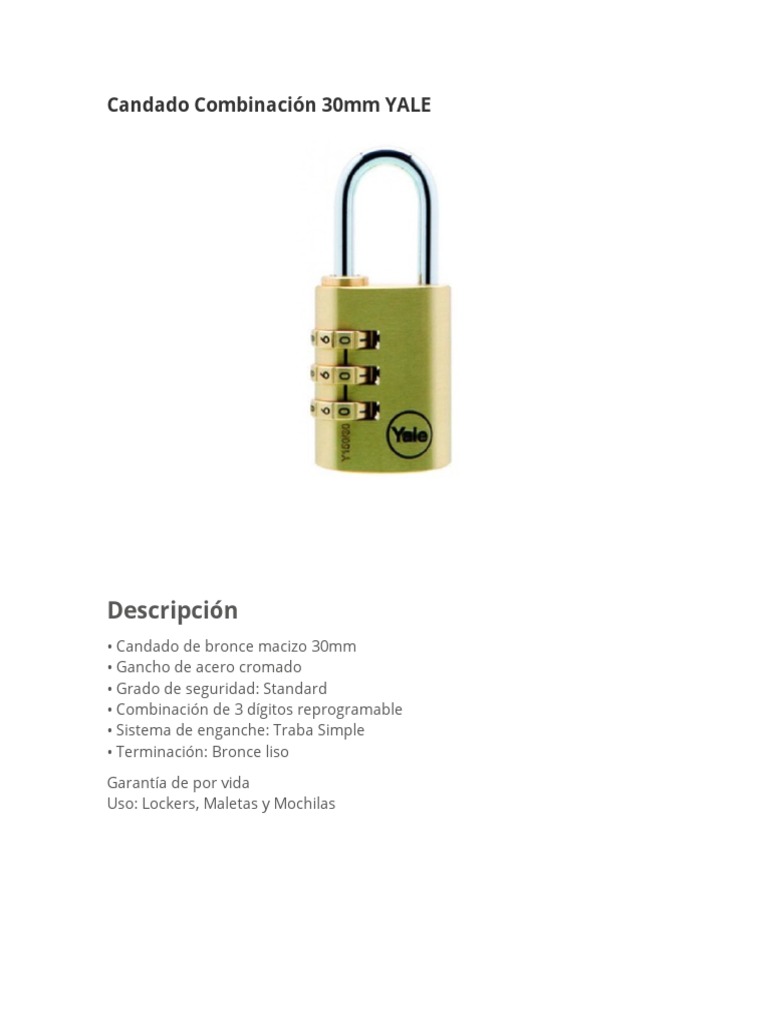 Candado Combinación 30mm YALE Bronce | PDF