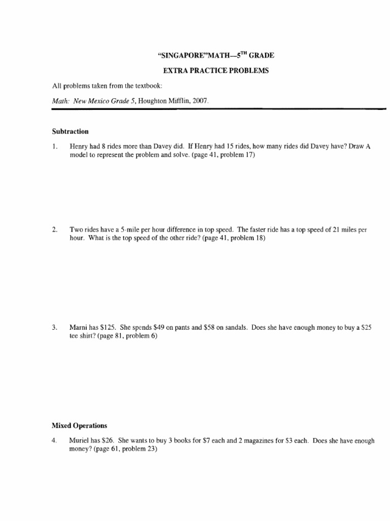 Singapore Math-5th Grade: An Analysis of Extra Practice Problems from a ...