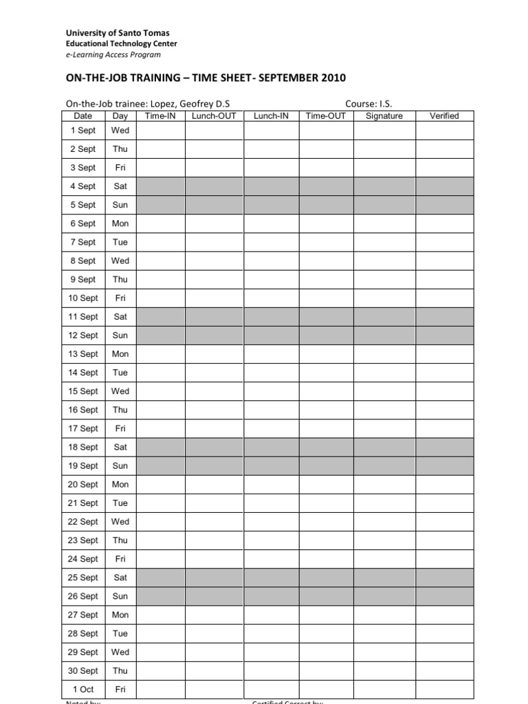 OJT Time Sheet - September | PDF