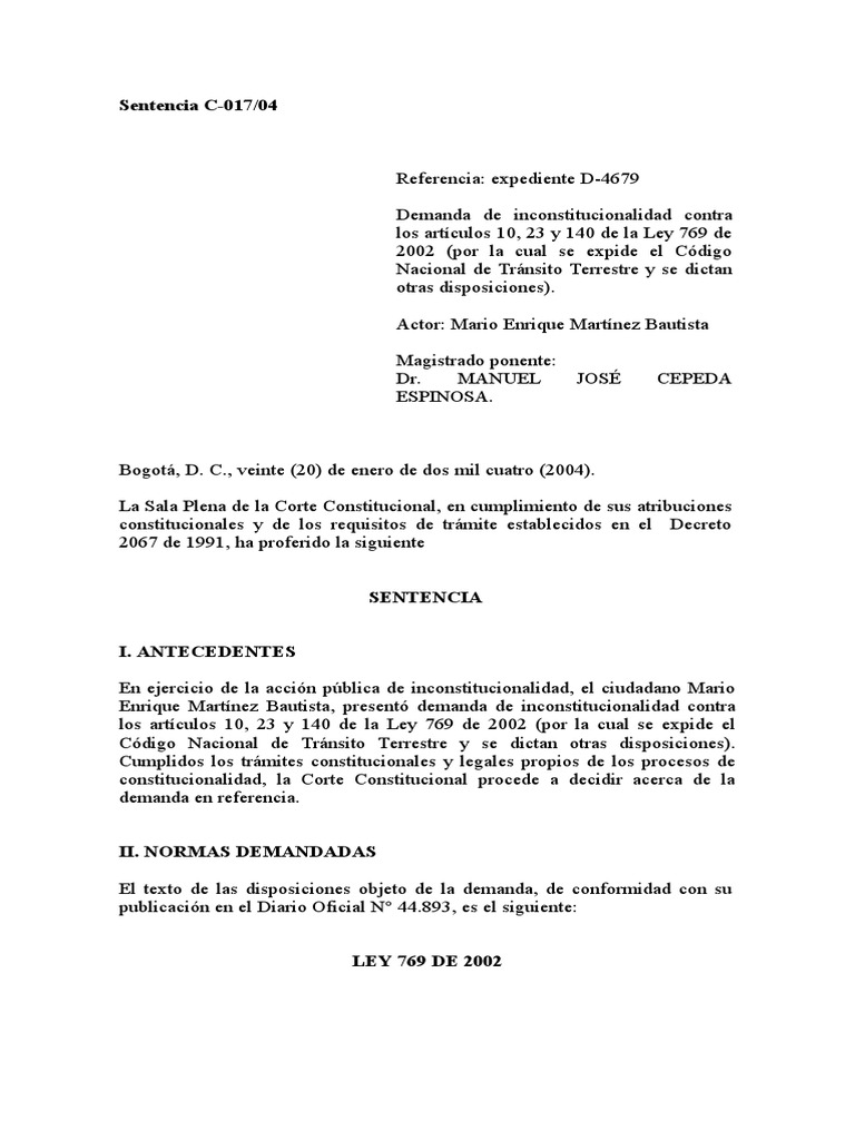 Sentencia C-017/04 | PDF | Multa (pena) | Caso de ley
