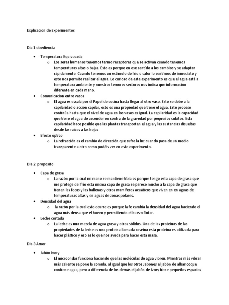 Explicacion de Experimentos | PDF | Agua | Leche