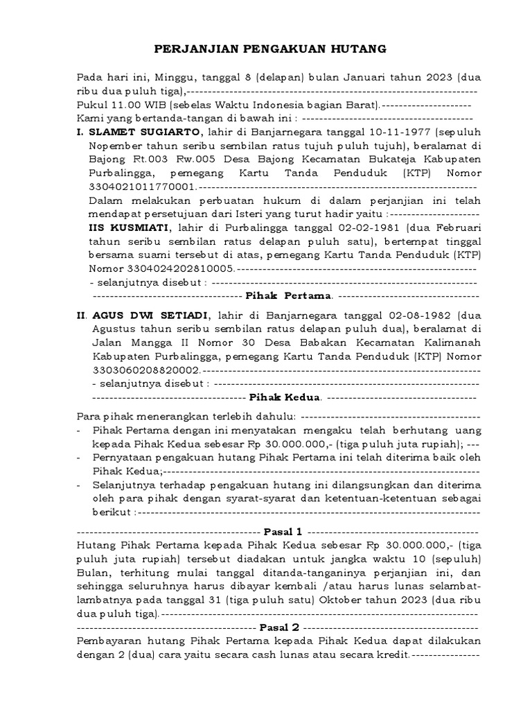 Perjanjian Pengakuan Hutang | PDF