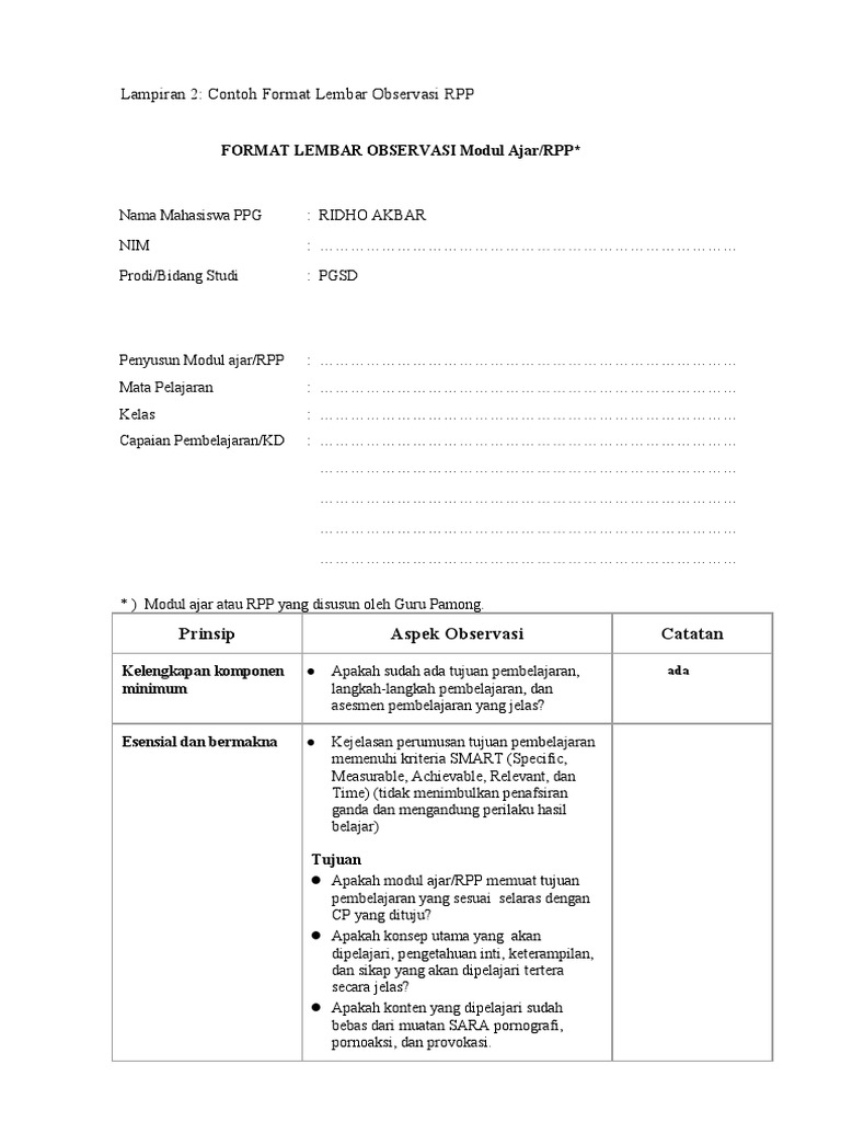 Lampiran 2 - Contoh Format Lembar Observasi RPP | PDF | Karier & Perkembangan