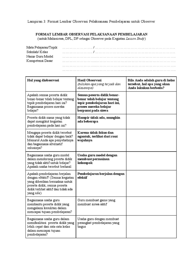 Lampiran 3 - Format Lembar Observasi Pelaksanaan Pembelajaran Untuk Observer | PDF