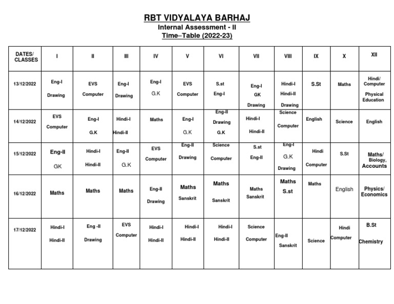 RBT Vidyalaya Barhaj Internal Assessment - II Time-Table for the ...