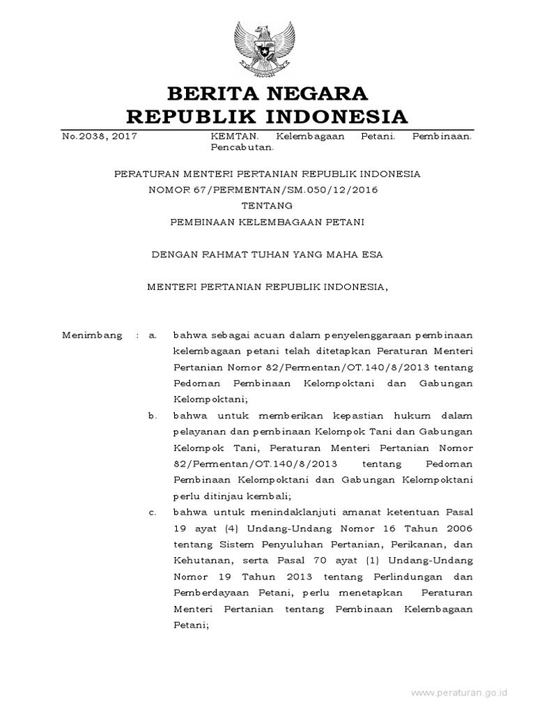 Permentan No 67 Tahun 2016 Tentang Pembinaan Kelembagaan Petani | PDF
