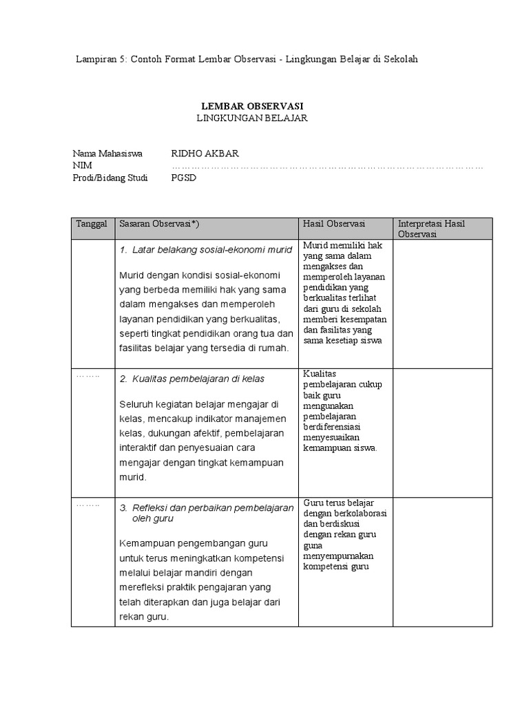 Lampiran 5 - Contoh Format Lembar Observasi Lingkungan Belajar Di ...
