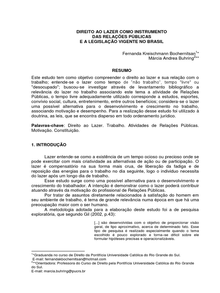 Direito Ao Lazer Como Instrumento Das Rel. Publicas e Legislacao - Fernanda - Bochernitsan | PDF ...