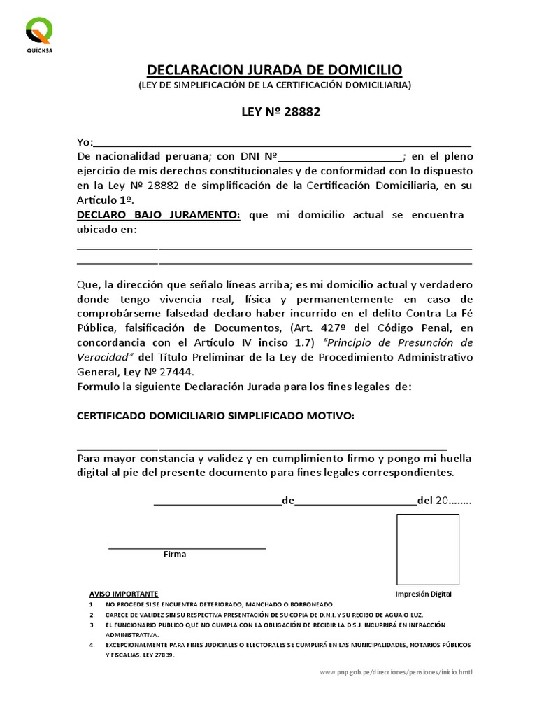 Declaración jurada de domicilio para obtener un certificado domiciliario simplificado | PDF
