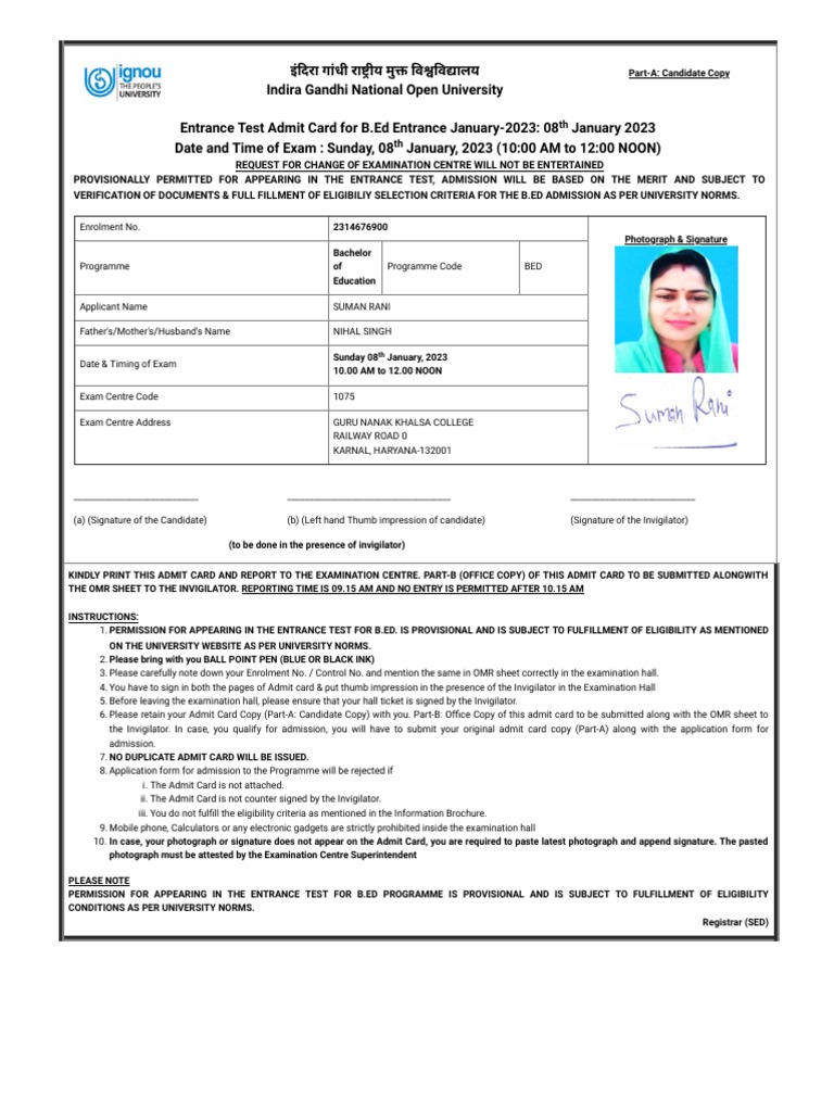 Ignou Bed Entrance Jan-2023 - Hall Ticket - Admit Card | PDF ...