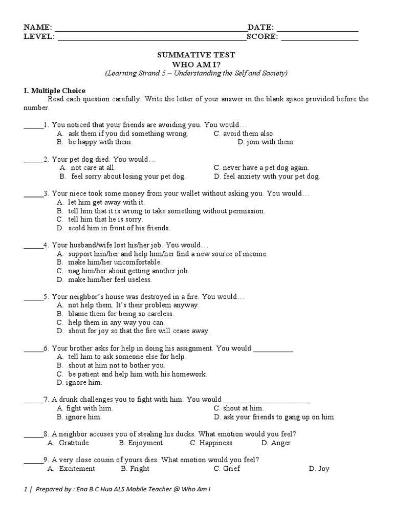 WHO AM I SUMMATIVE TEST UoPDATED MULTIPLE CHOICE | PDF | Anger | Emotions