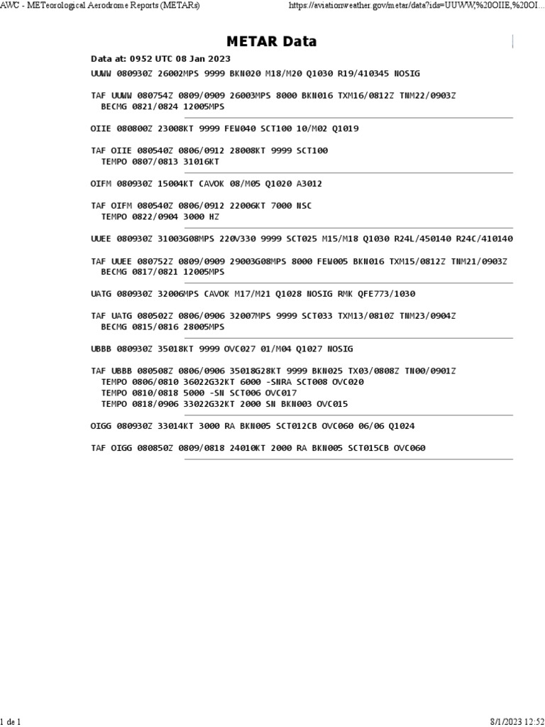 AWC - METeorological Aerodrome Reports (METARs) | PDF