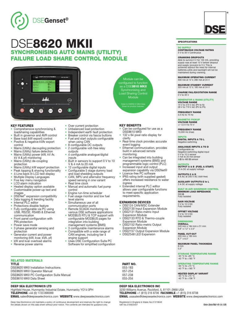Dse8620 Mkii Data Sheet Us | PDF | Mains Electricity | Programmable ...