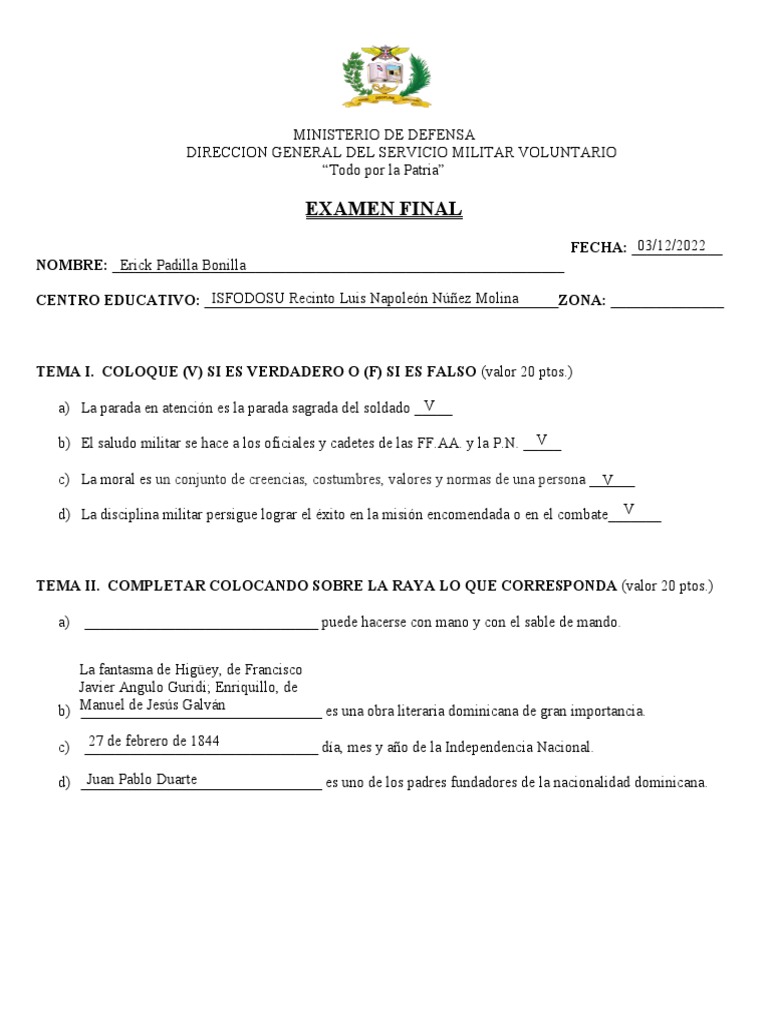 EXAMEN Del SMV (2022) (1) Lleno | PDF | República Dominicana | Militar