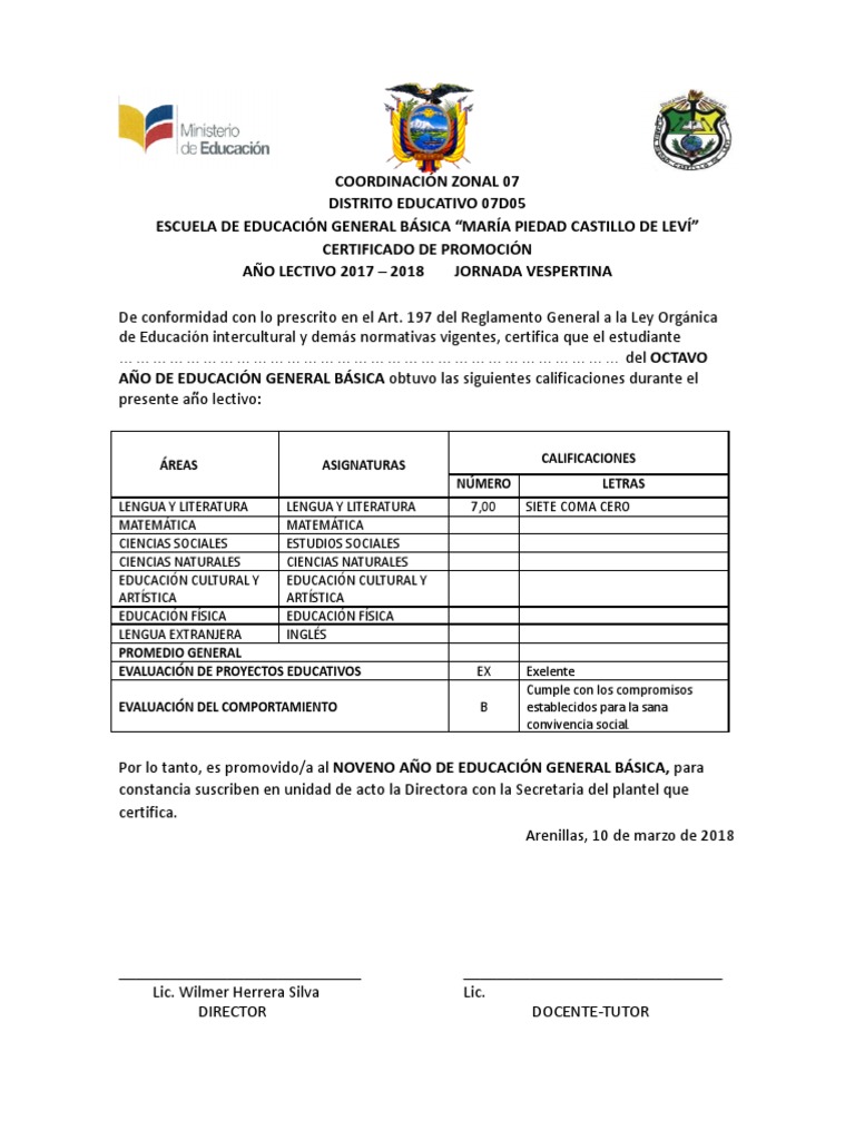 Certificado de Promoción 2018 | PDF