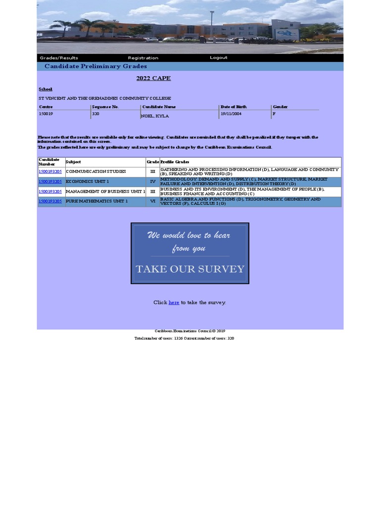 CXC Student Portal - Candidate Grades | PDF