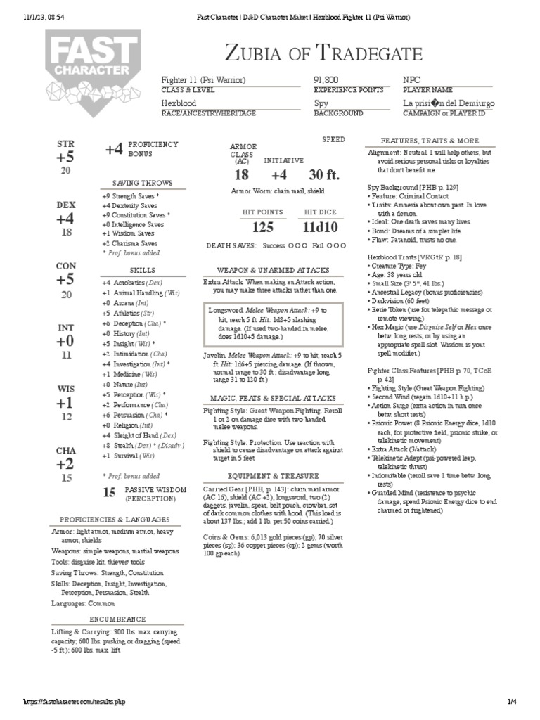 Fast Character - D&D Character Maker - Hexblood Fighter 11 (Psi Warrior ...