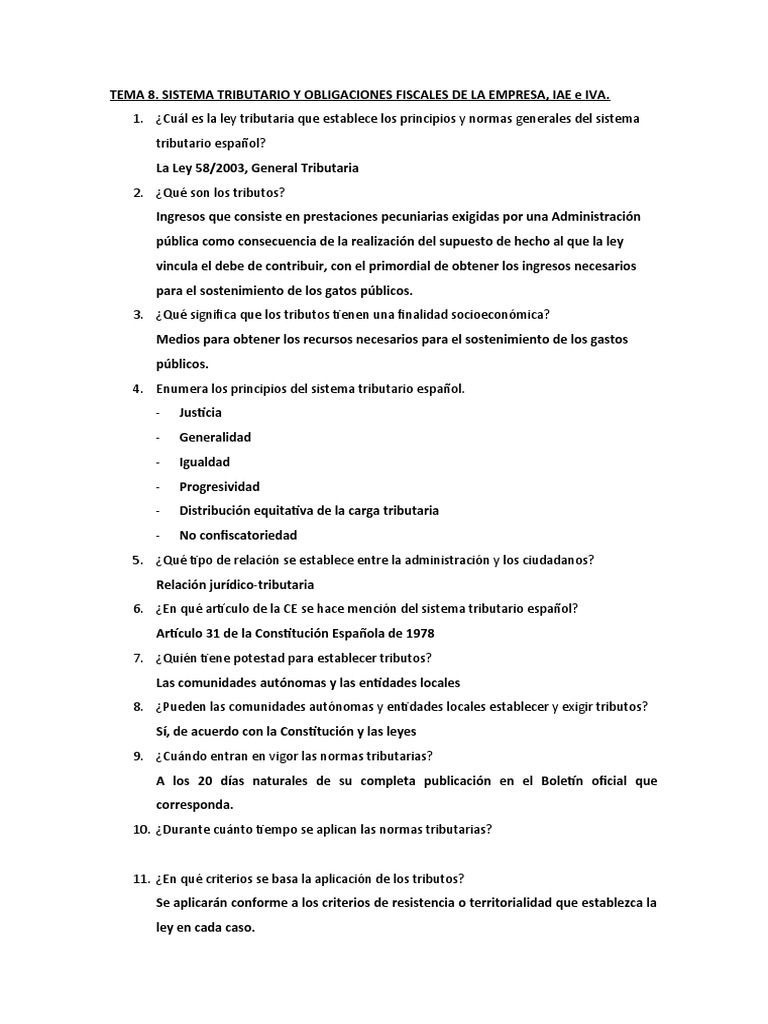 TEMA 8. SISTEMA TRIBUTARIO Y OBLIGACIONES FISCALES DE LA EMPRESA, IAE e IVA | PDF | Impuestos ...