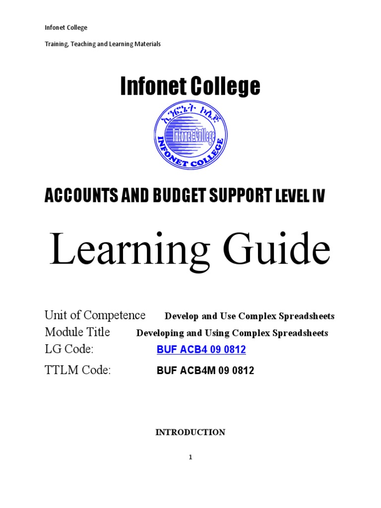 Infonet College: Learning Guide | PDF | Microsoft Excel | Spreadsheet