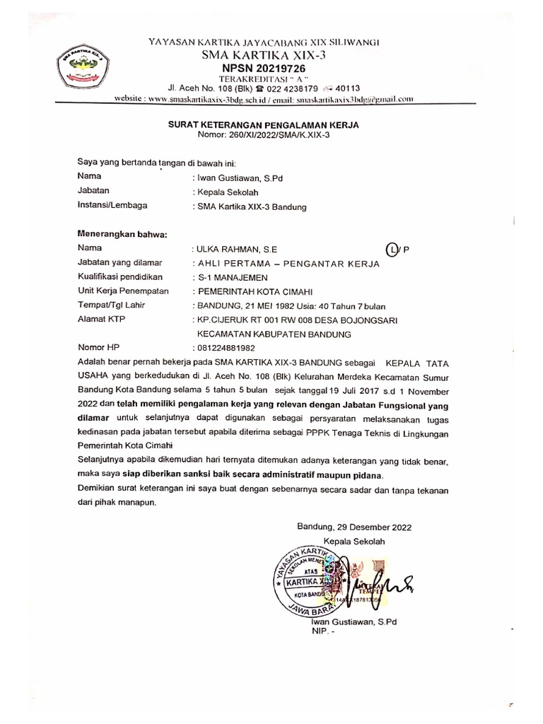 3.suket Pengalaman Kerja ULKA RAHMAN, S.e-ppPK Tenaga Teknis 2022-Kota Cimahi | PDF