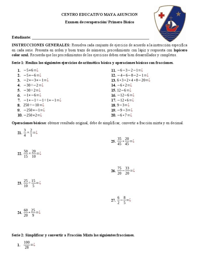 Examen de 1ro. Basico Recuperacion | PDF | Matemáticas