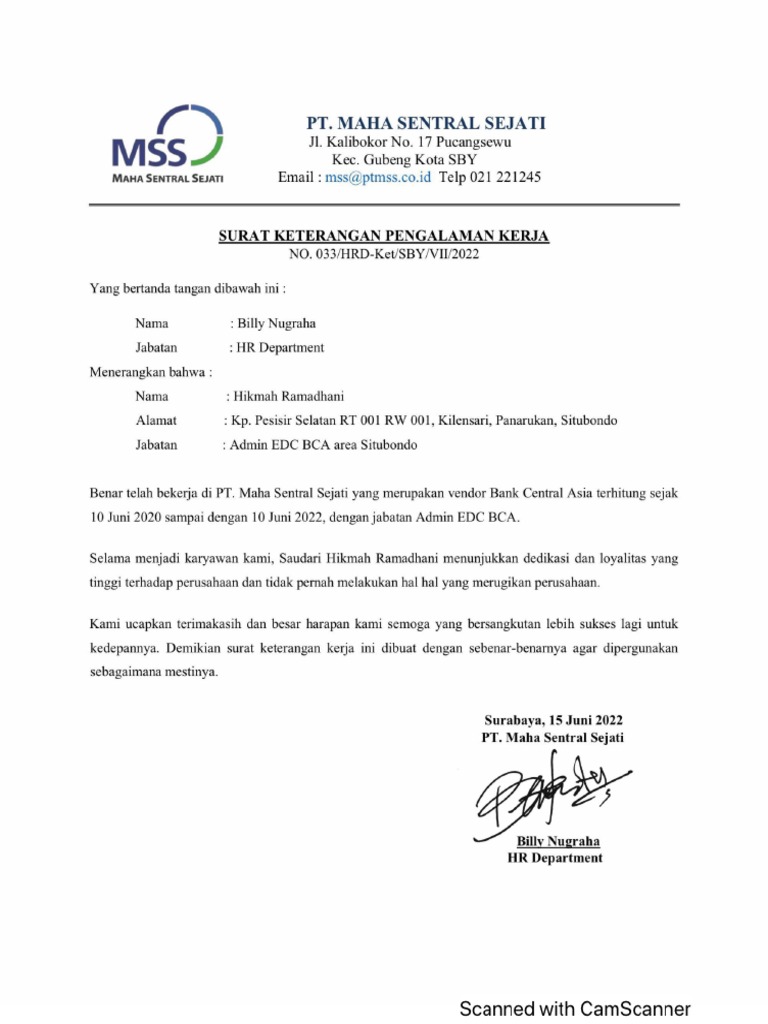 Surat Keterangan Kerja | PDF