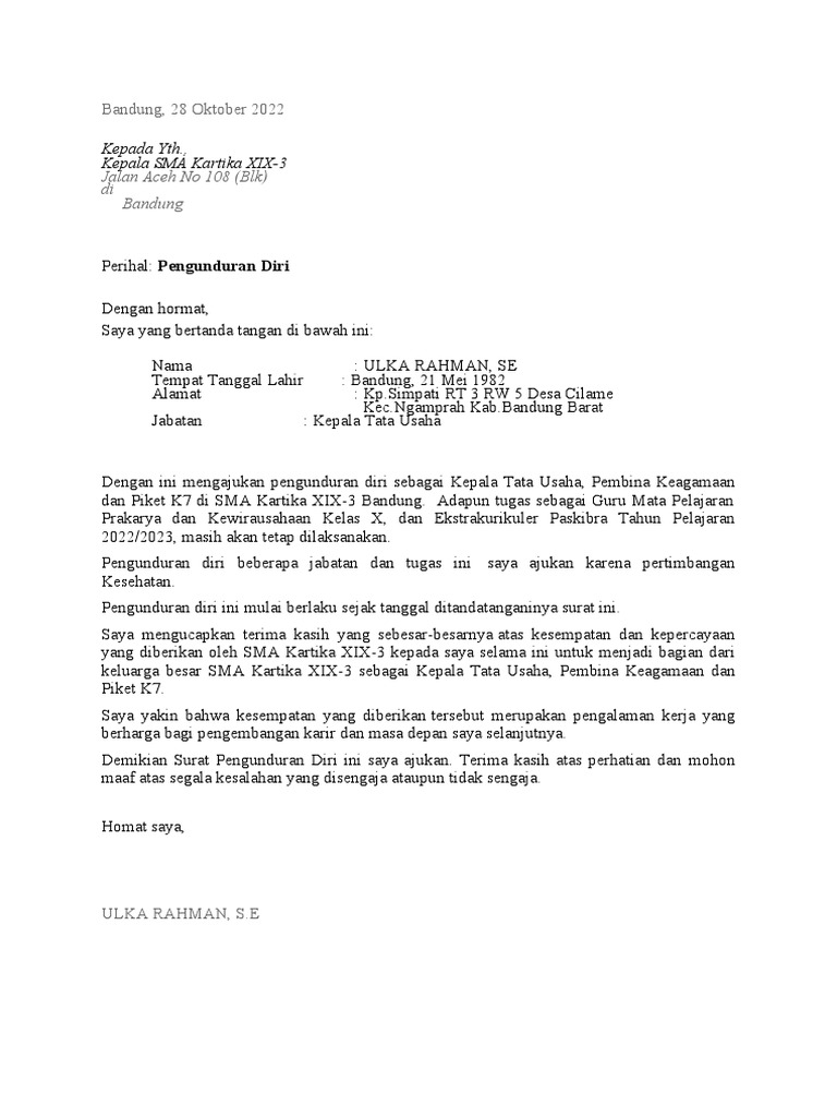 Contoh Surat Pengunduran Diri Ulka | PDF