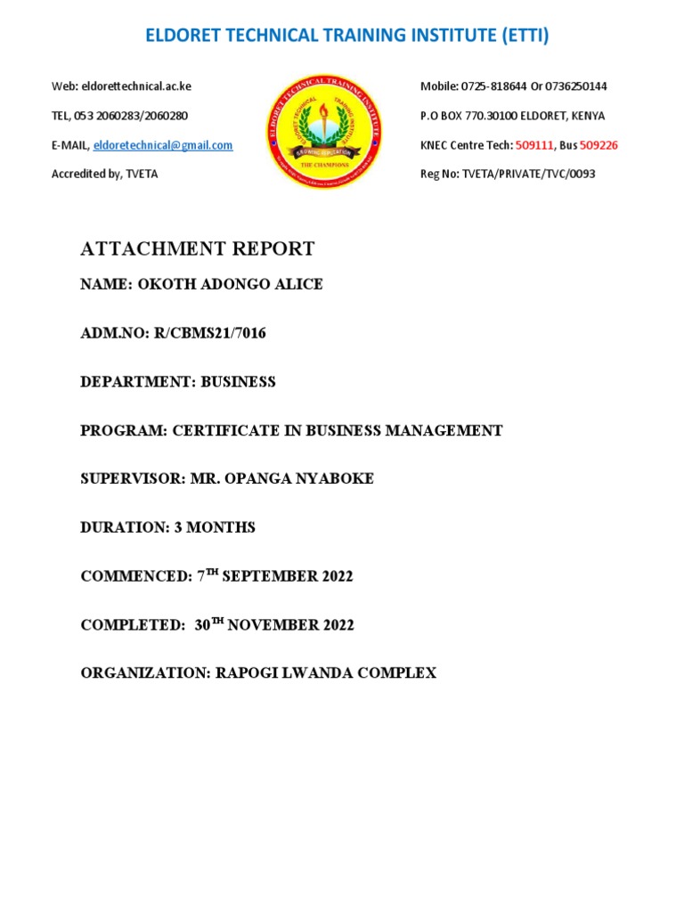Eldoret Technical Training Institute Attachment Report | PDF | News ...