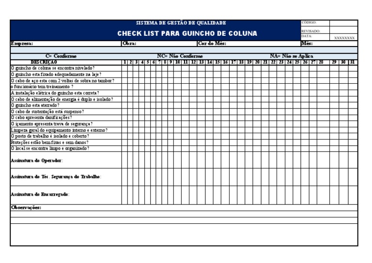 Check List para Guincho de Coluna | PDF