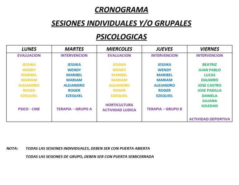 Cronograma de Sesiones Psicológicas | PDF