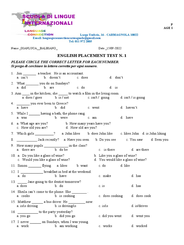 English Placement Test N. 1 | PDF