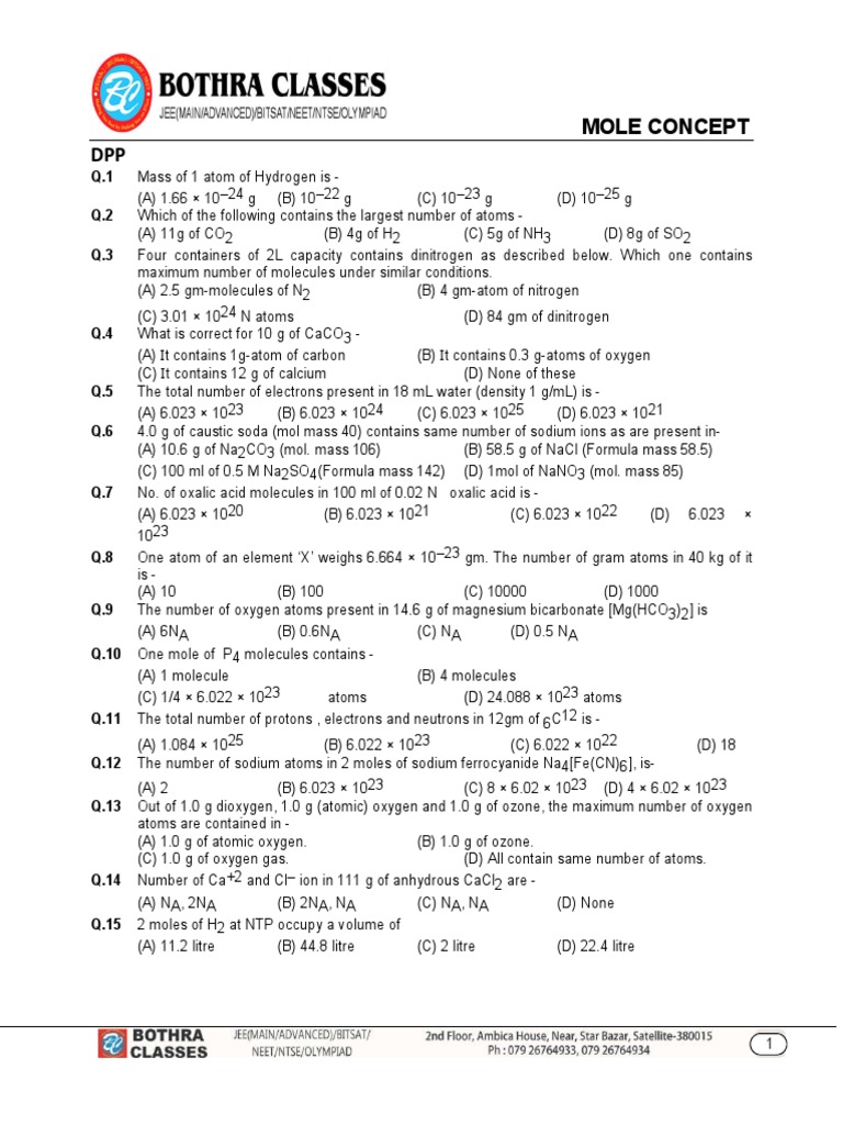 Sicmyb - DPP Mole Concept | Download Free PDF | Mole (Unit) | Chemical Compounds