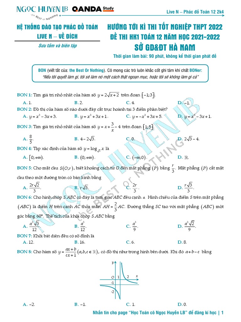 (Cô Ngọc Huyền LB) Đề KSCL HK1 Toán 12 năm học 2021-2022 Sở GD&ĐT Hà Nam | PDF