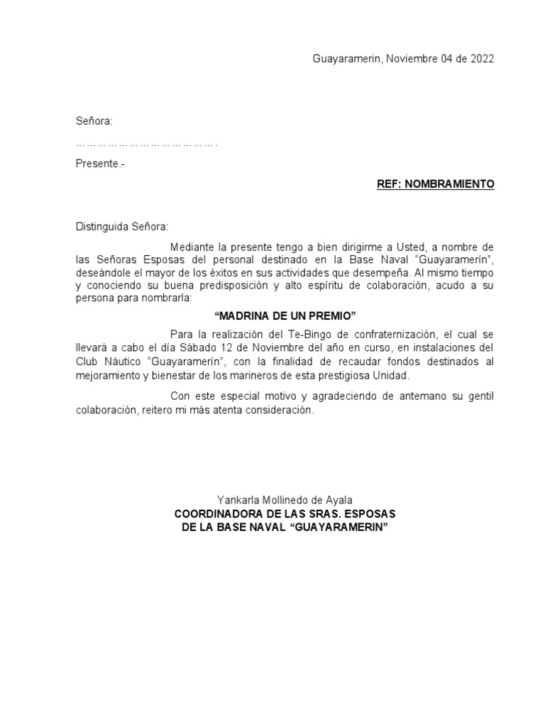 Oficio Nombramiento Madrina Premio Bingo | PDF