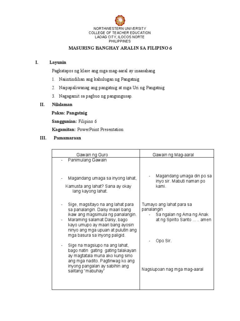 Masuring Banghay Aralin Sa Filipino 6 | PDF