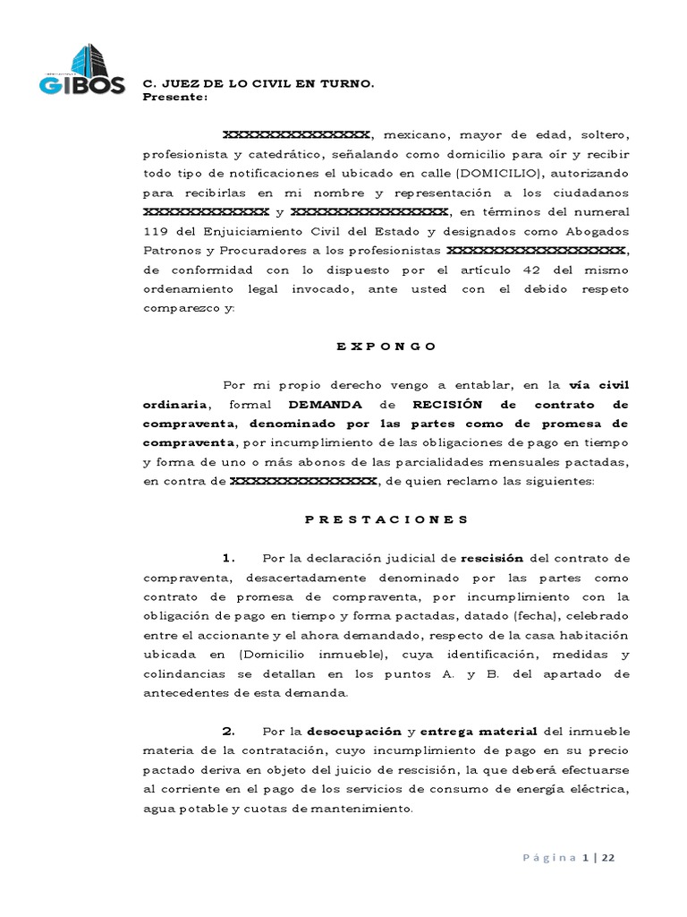 Demanda Rescisión de Compraventa | PDF | Préstamo hipotecario | Justicia