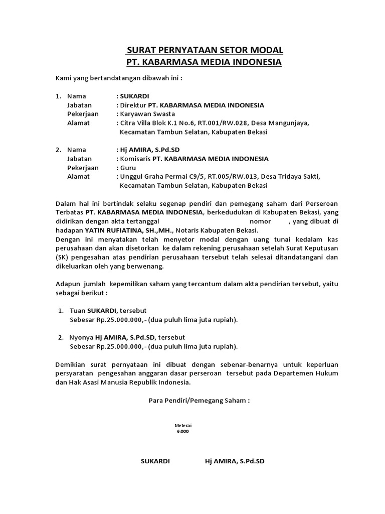 Surat Pernyat Setor Modal - PT Kabarmasa Media Indonesia | PDF