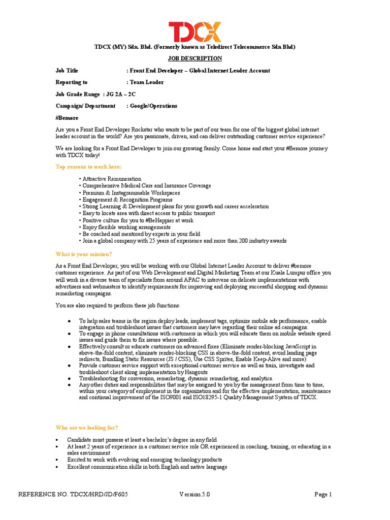 TDCX - JD - Front End Developer | PDF | Cyberspace | Computing
