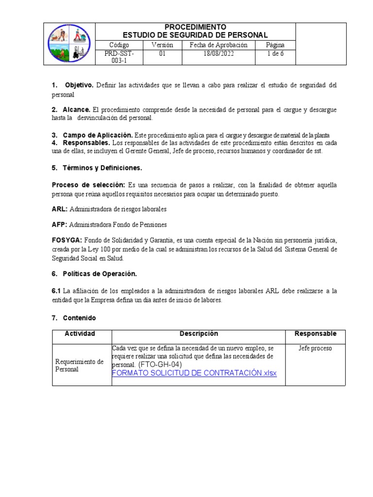PR-GAD-01 Procedimiento Estudio de Seguridad | PDF | Pensión | Gestión de recursos humanos